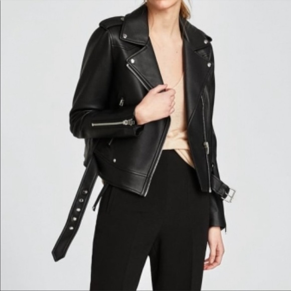 Zara | Jackets & Coats | Zara Black Faux Leather Moto Biker Jacket ...